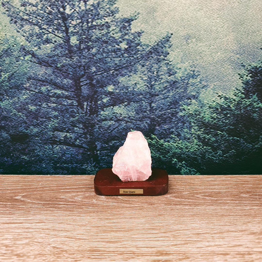 Rose Quartz Specimen on Wooden Stand